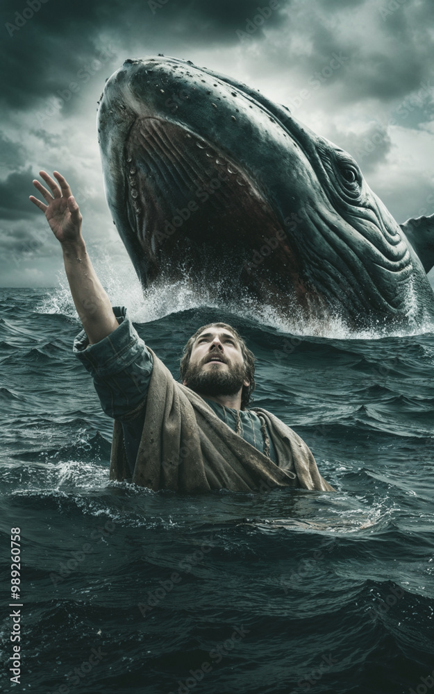 Jonah and the Whale. Jonah drowning after he fell off the ship when ...