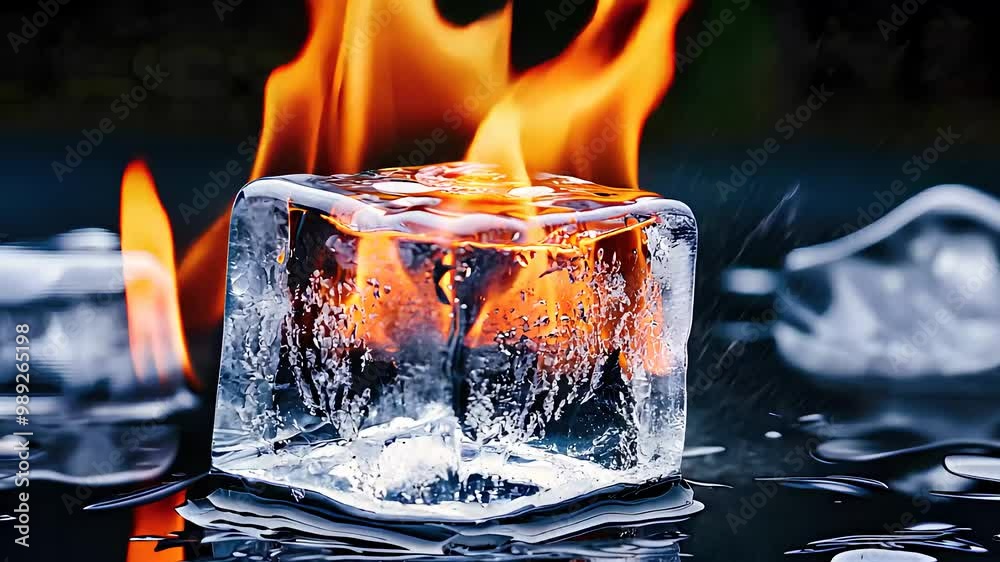 Ice cube engulfed in flames, representing the contrast between fire and ...
