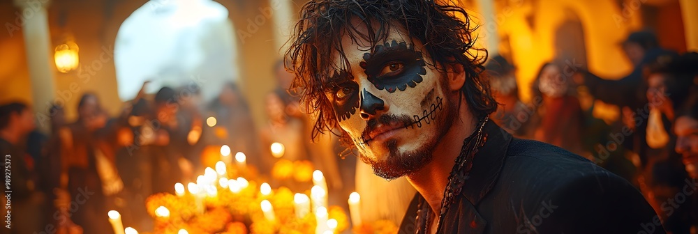 Banner de hombre joven con barba maquillado como calavera o catrin con ...