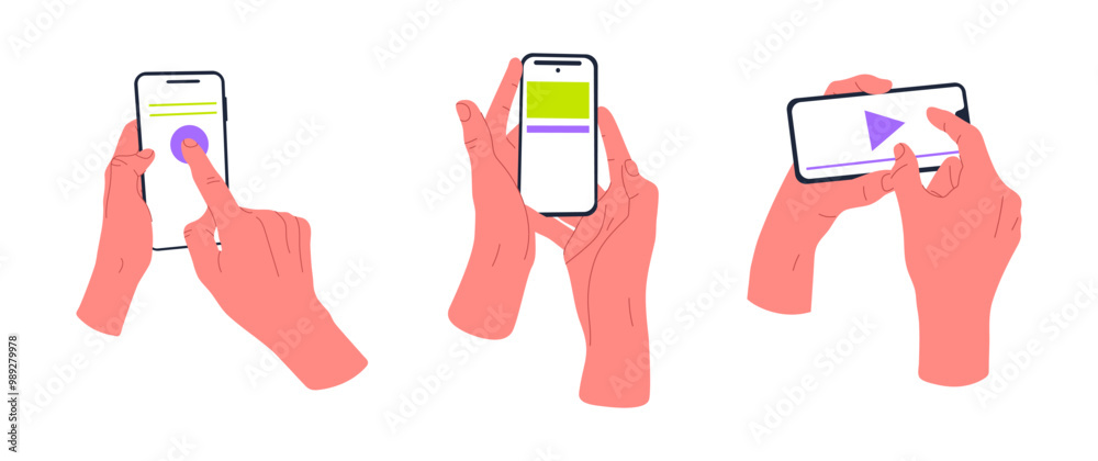 Smartphone in hands. Mobile phones users, human hand touch screen ...
