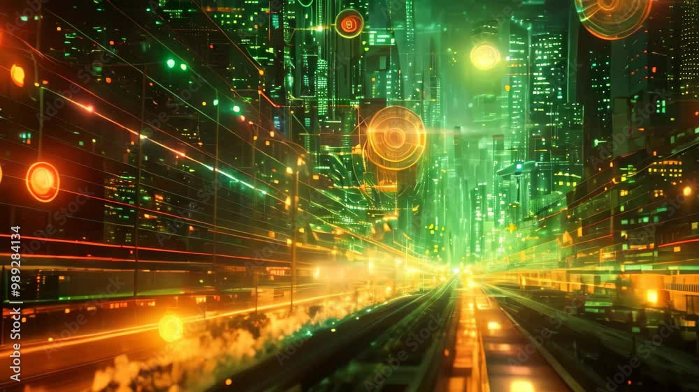 An artistic depiction of a city at night, illuminated by the glowing ...