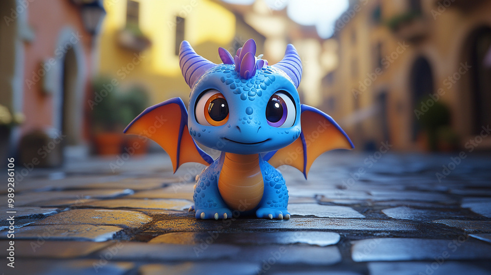 Cute blue dragon character standing on cobblestone street in a colorful ...