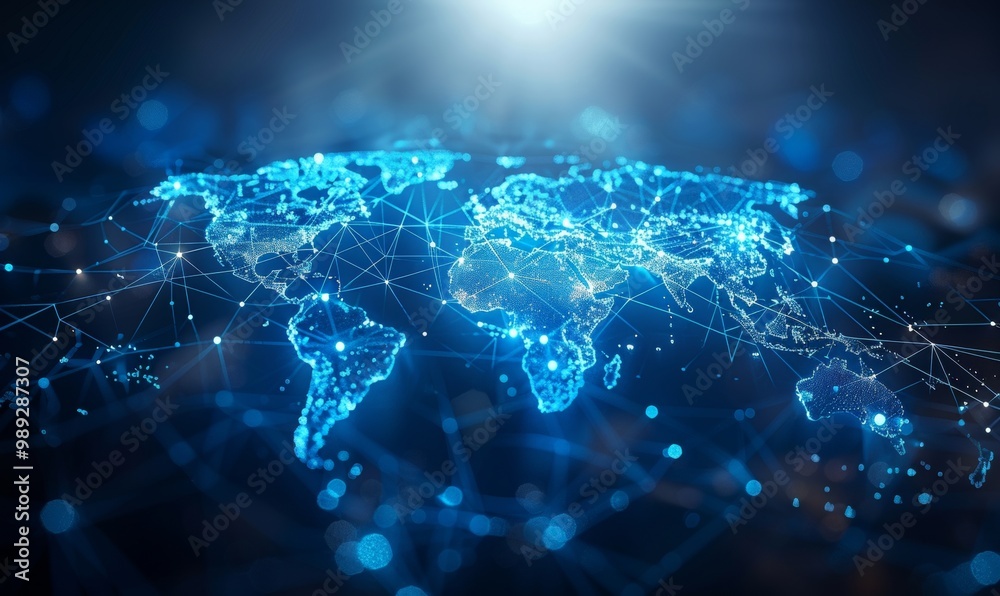 Digital global earth map with blue glowing lines. Neon plexus ...