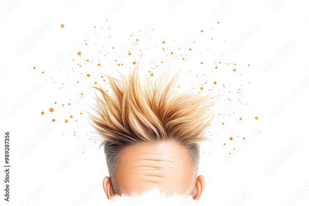 A man with a messy, unkempt hairstyle is shown with a white background ...