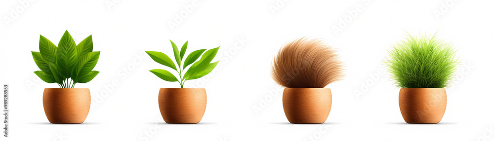 Four potted plants with different leaf shapes and sizes. The plants are ...