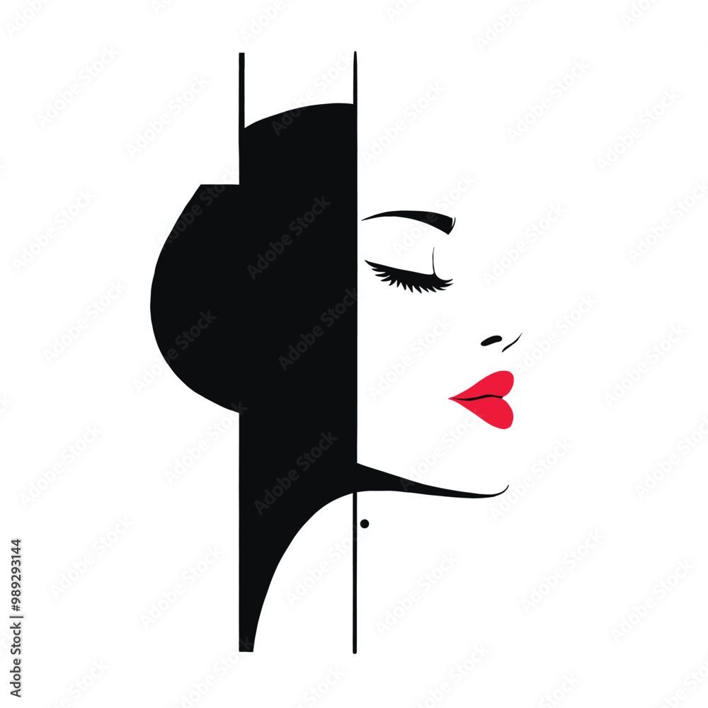 Flat vector graphic of half face woman profile with lips in simple ...