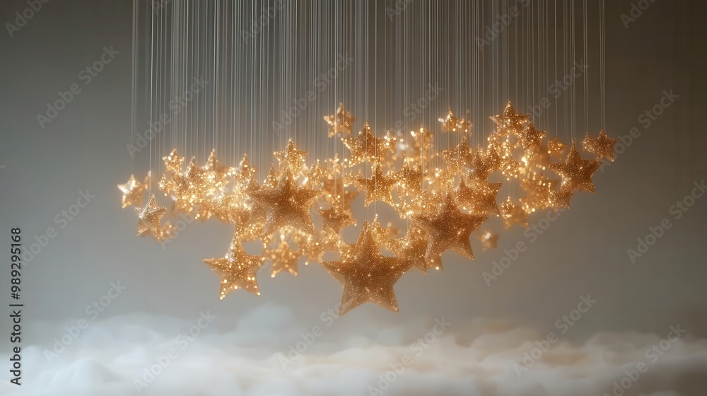 whimsical display of metallic gold stars suspended on delicate threads ...