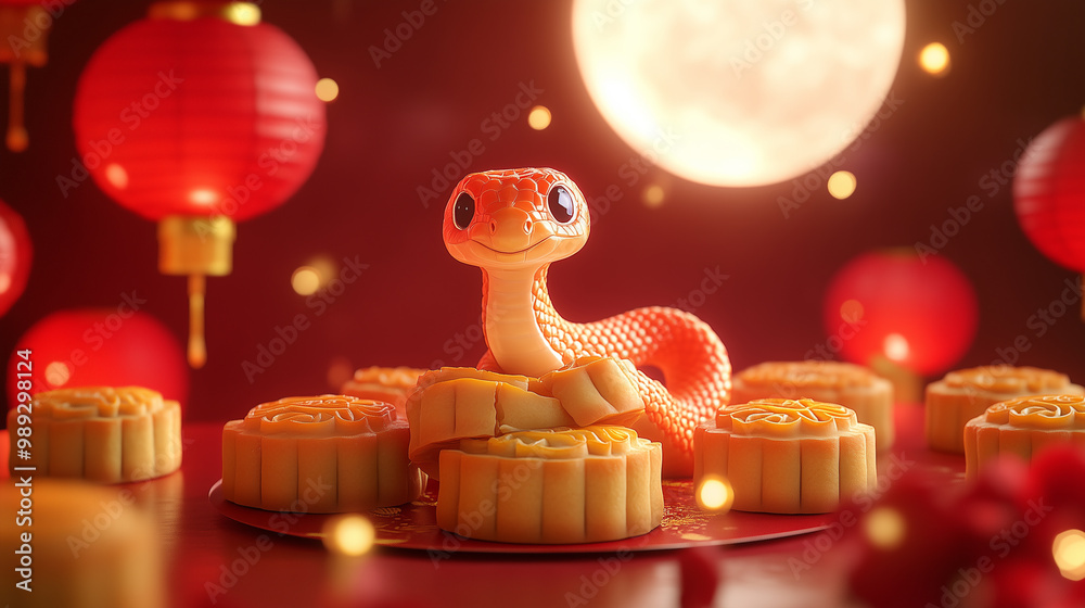 cute snake with mooncake under full moon and red lanterns. lunar new ...