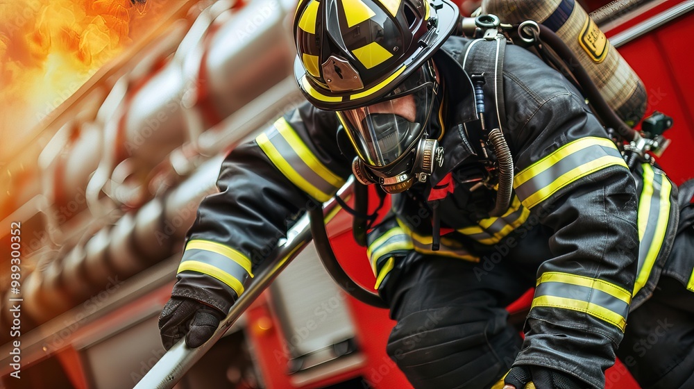 Firefighter in full gear slides down fire station pole, ready for ...