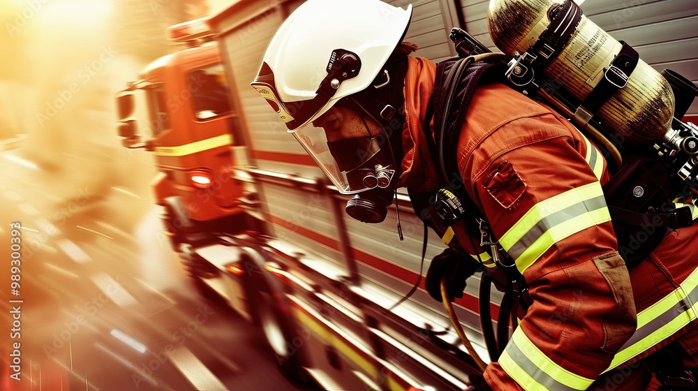 Firefighter in full gear slides down fire station pole, ready for ...