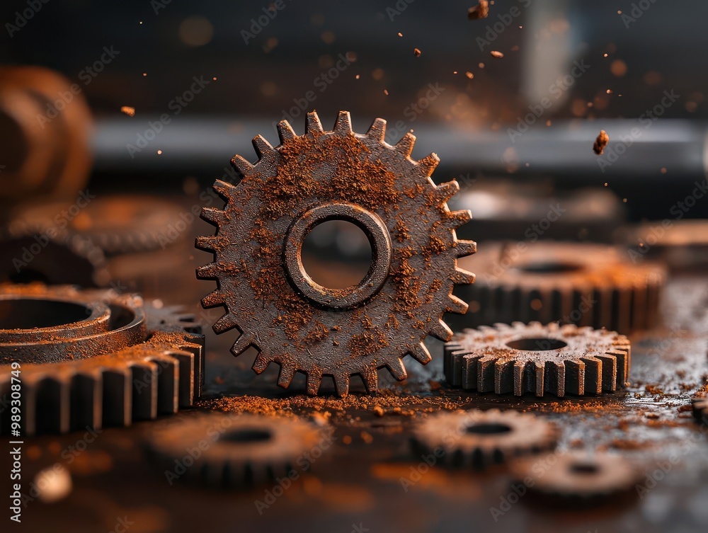 ภาพประกอบสต็อก Rusty gears and cogs covered in dust inside a crumbling ...