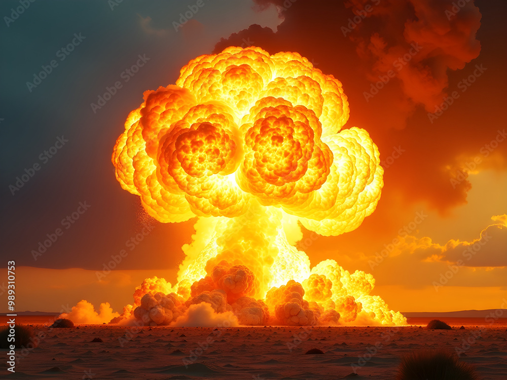 Vivid Nuclear Explosion with Billowing Mushroom Cloud in Fiery Oranges ...