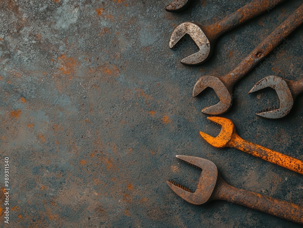 Forgotten factory tools covered in rust, scattered on a dusty workbench ...