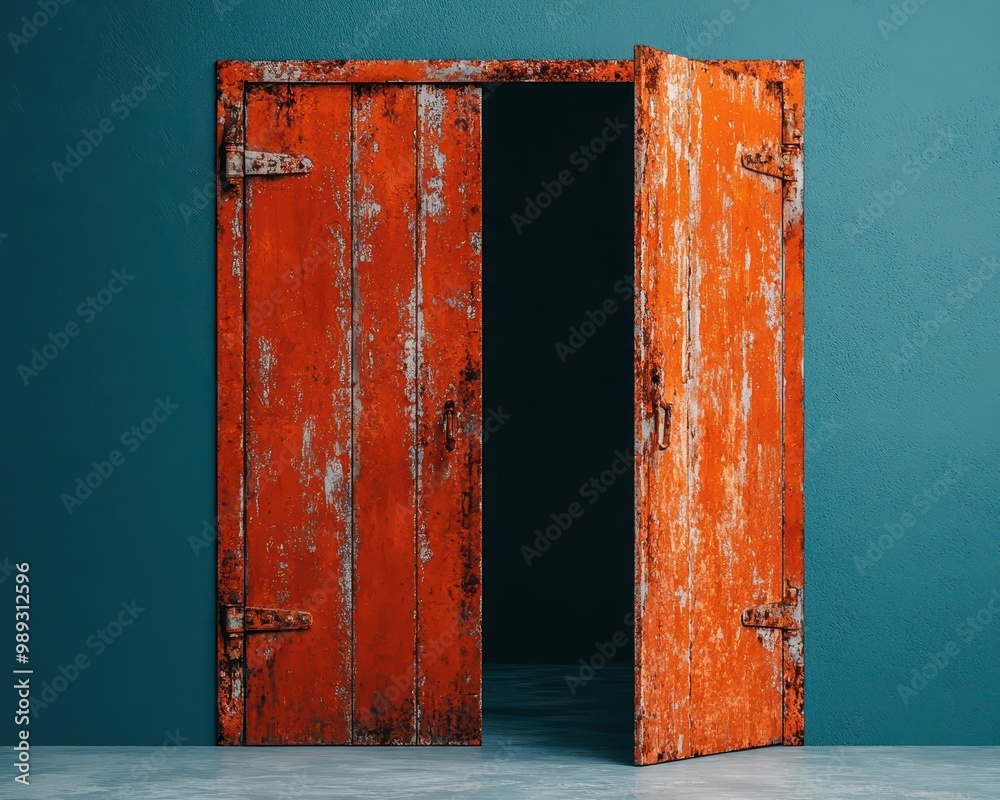 Rust-covered factory doors ajar with darkness inside, Gateway to decay ...