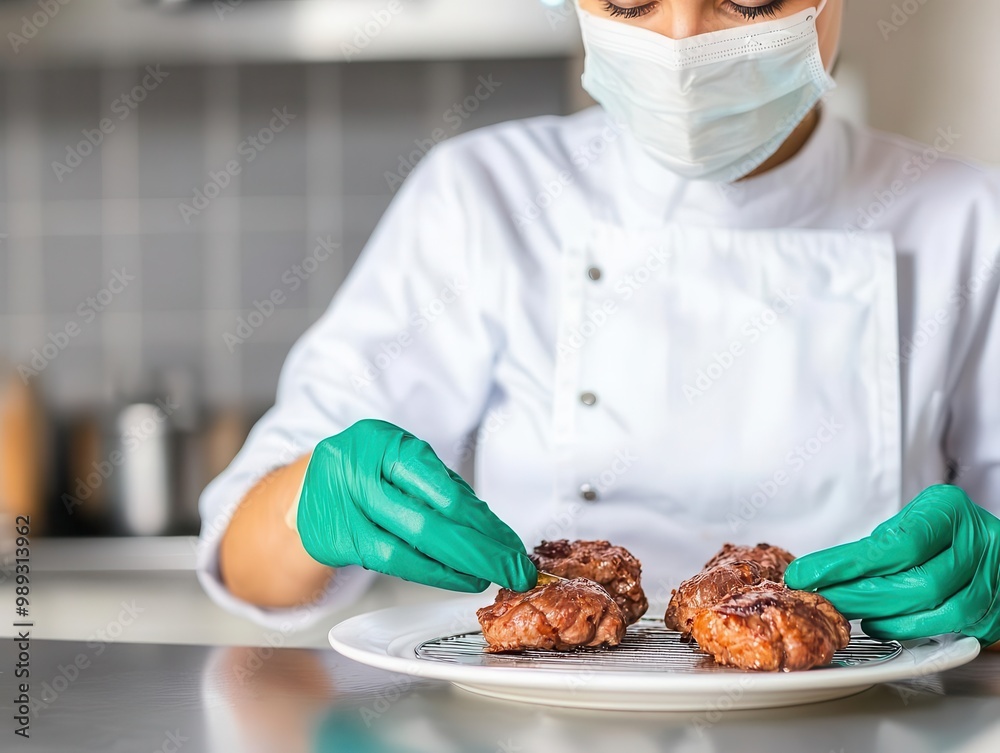 Employee in gloves and mask taking food temperature in a kitchen, Food ...