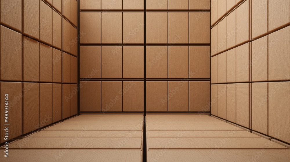 Interior of an empty storage unit with stacked boxes on the walls ...