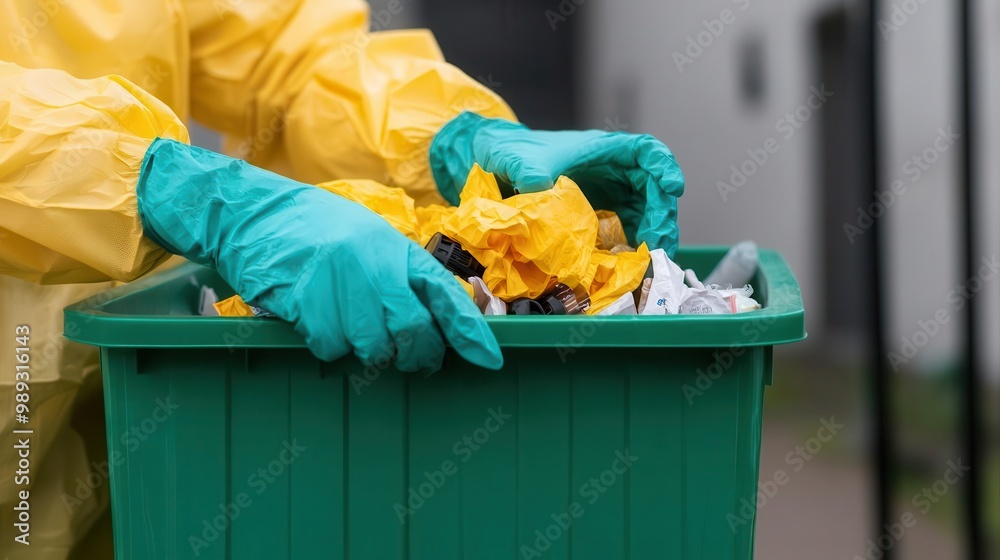 Healthcare worker disposing of medical waste in a secure container ...