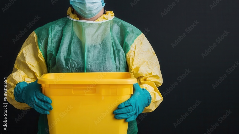 Healthcare worker disposing of used PPE in a biohazard bin, Medical ...