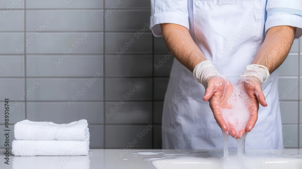 Food industry worker washing hands in a dedicated station, Food hygiene ...