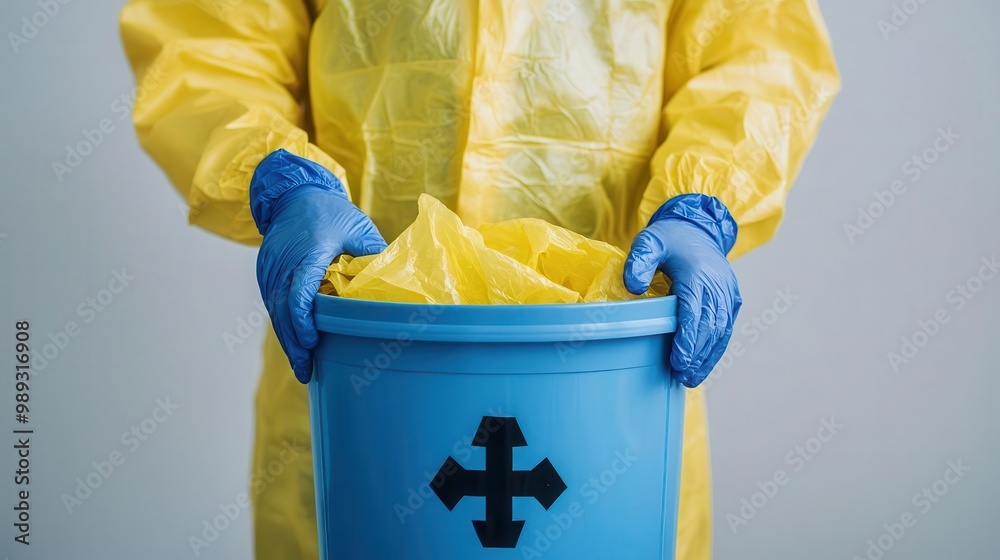 Healthcare worker disposing of used PPE in a biohazard bin, Medical ...