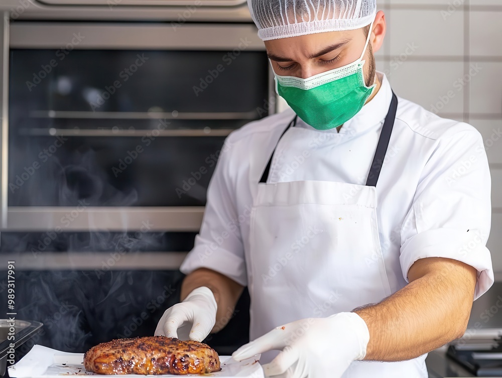 Employee in gloves and mask taking food temperature in a kitchen, Food ...