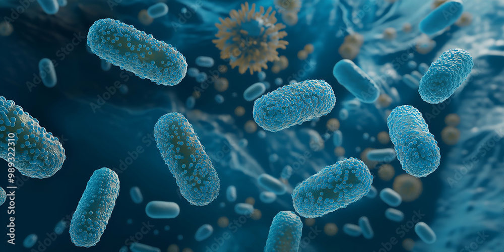 artistic rendering of microscopic blue bacteria in a close-up view ...