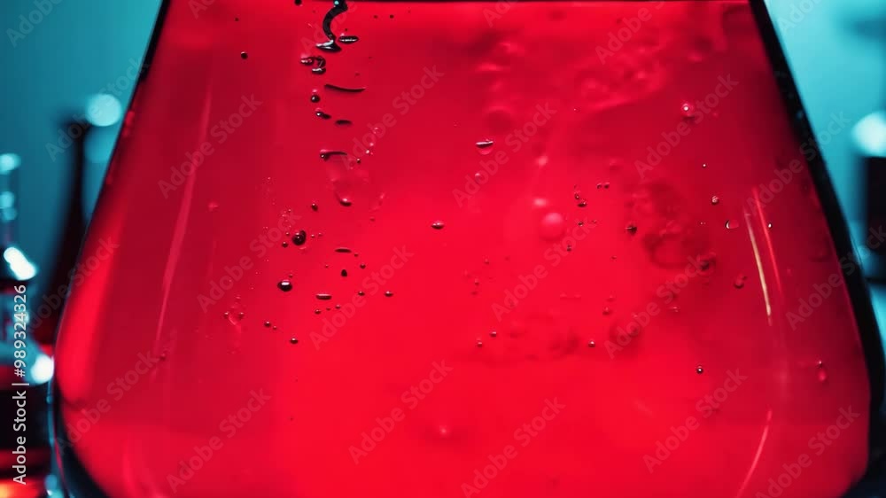 A red liquid is in a glass beaker on a table. The table is cluttered ...