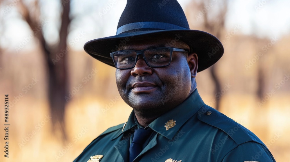 An Indigenous Australian park ranger stands confidently in uniform at a ...