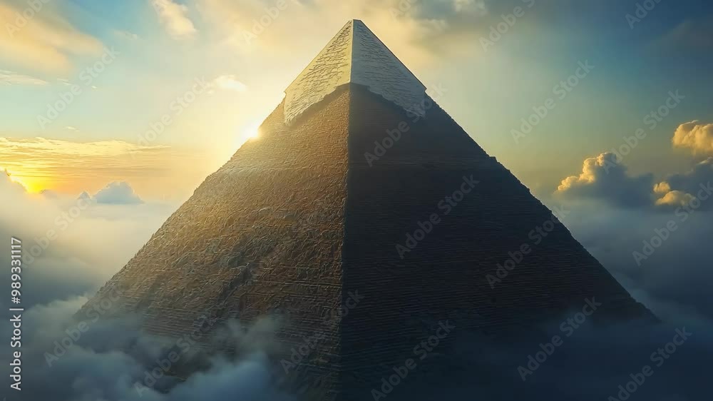 A pyramid is shown in the sky with clouds and the sun shining on it ...