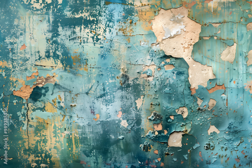 Peeling blue green paint abstract background with a cracked aged and ...