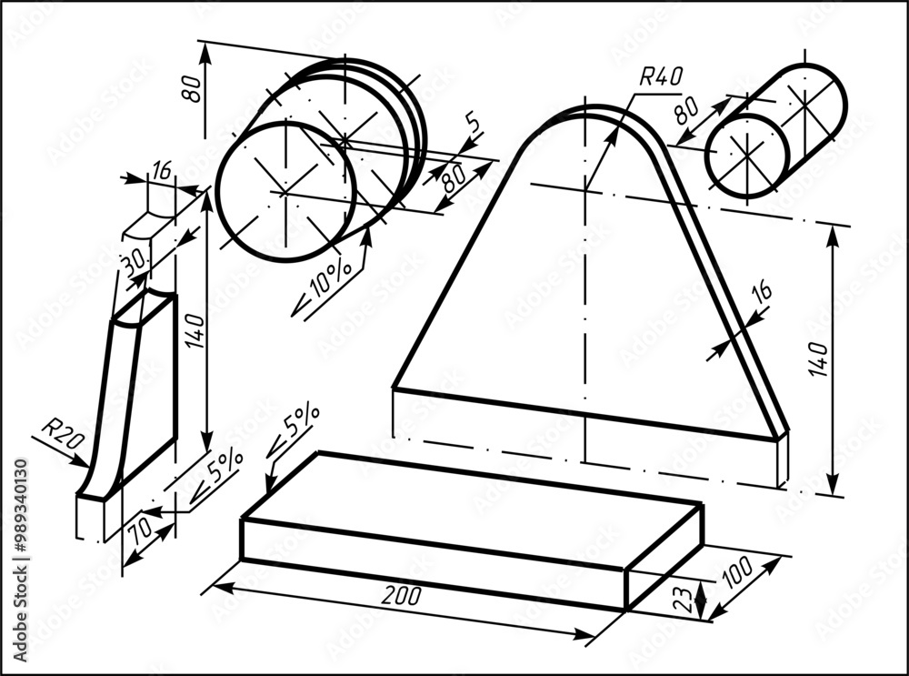Vector drawing of steel mechanical part with dimension lines ...
