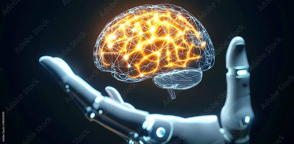 AI robot hand holding up a glowing brain. Concept of futuristic neural ...