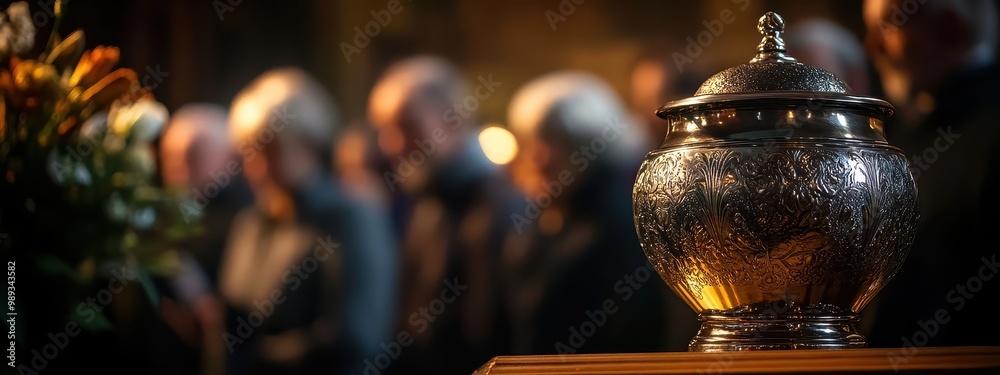 Urn funeral burial death service ceremony flower cemetery family people ...