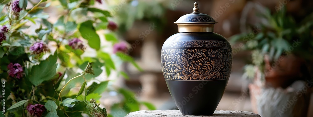 Urn funeral burial death service ceremony flower cemetery family people ...