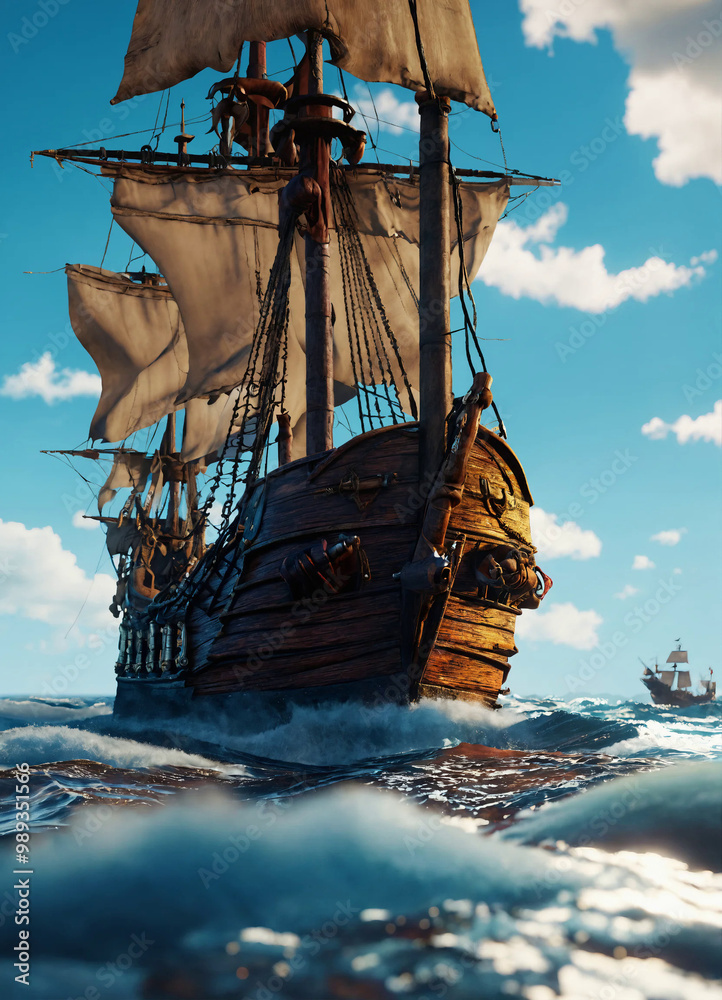 3. In a hyper-real 3D animation, a pirate ship braves the open sea ...