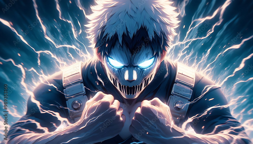 Powerful Anime Character Wearing a Ghost Mask with Fire and Thunder ...