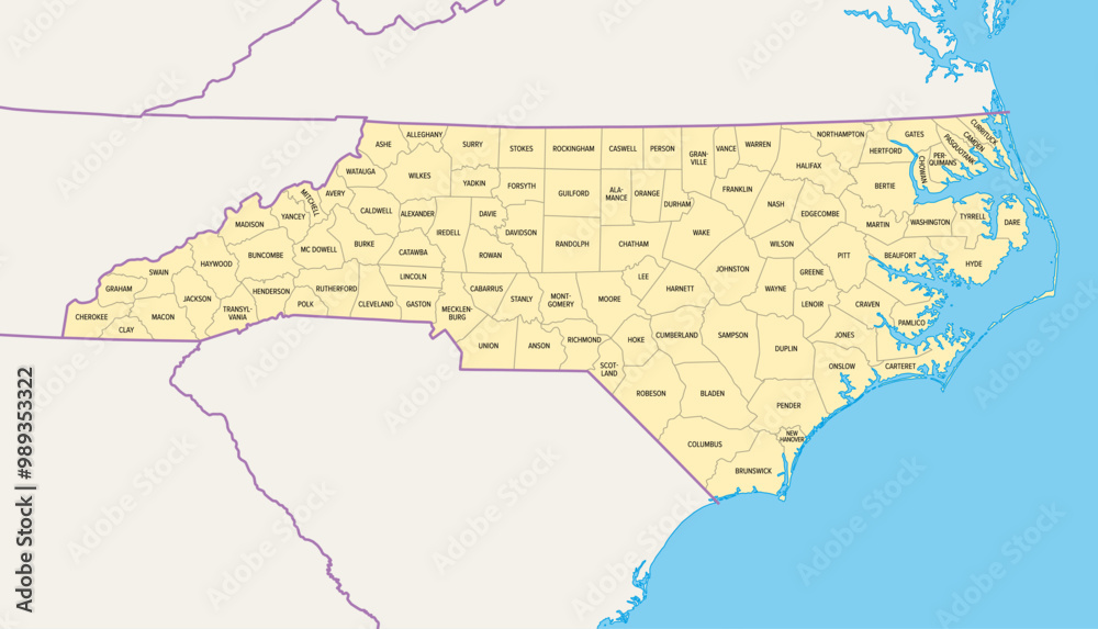 Poster North Carolina counties, political map with borders county names ...
