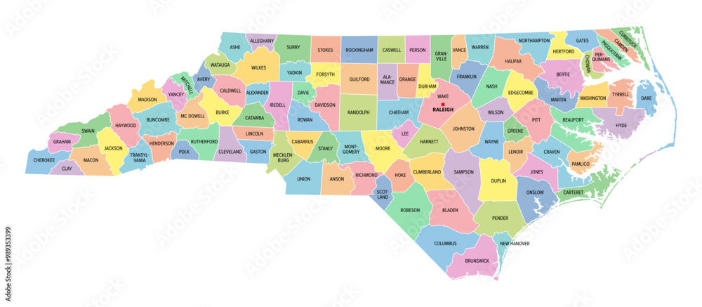 North Carolina, U.S. state, subdivided into 100 counties, multi colored ...