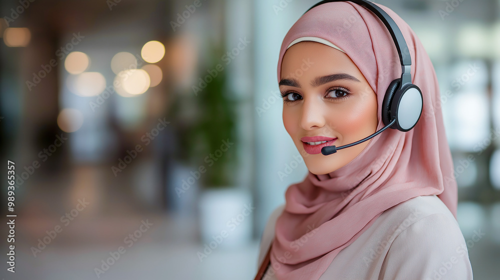 Muslim Customer Service Representative Wearing a Hijab, Engaging with a ...