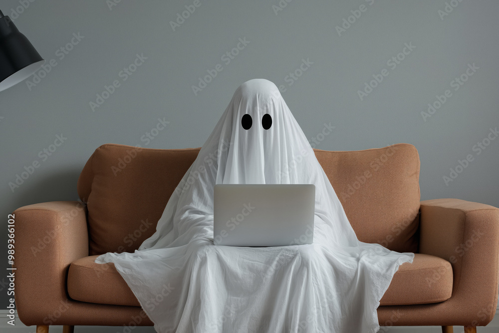 a ghostly figure draped in a white sheet, sitting on a modern brown couch while using a laptop ...