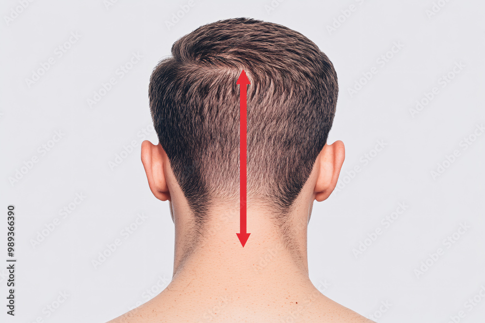 A man with a shaved head has a red arrow pointing up on his head ...