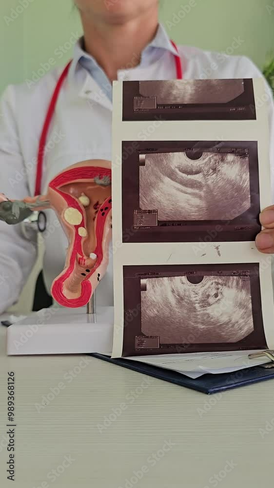 Doctor demonstrates ultrasound examination of female reproductive ...