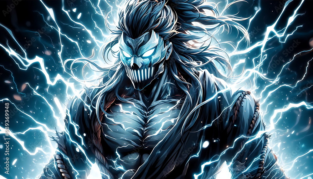 Powerful Anime Character Wearing a Ghost Mask with Fire and Thunder ...