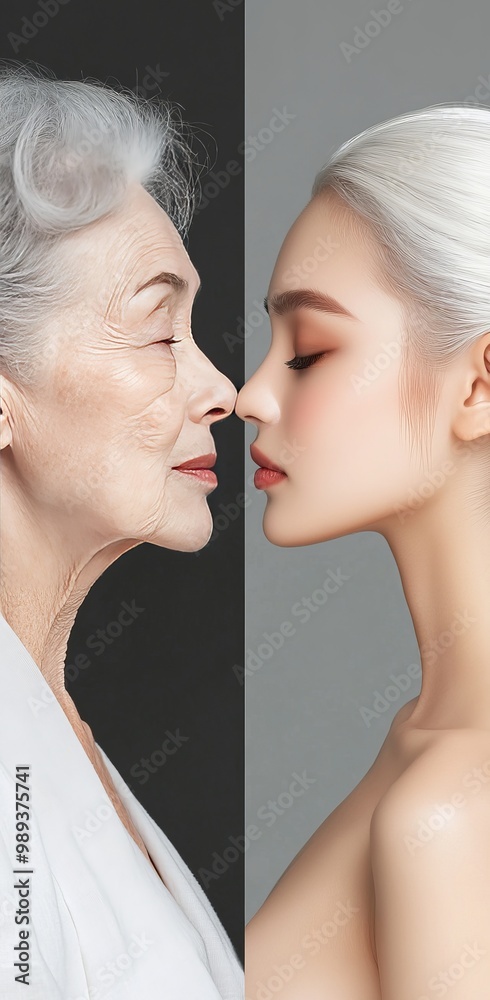 A split-screen photograph of an elderly woman on the left side with ...