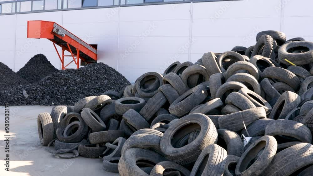 Tire recycling facility with conveyor belt and shredded rubber piles ...