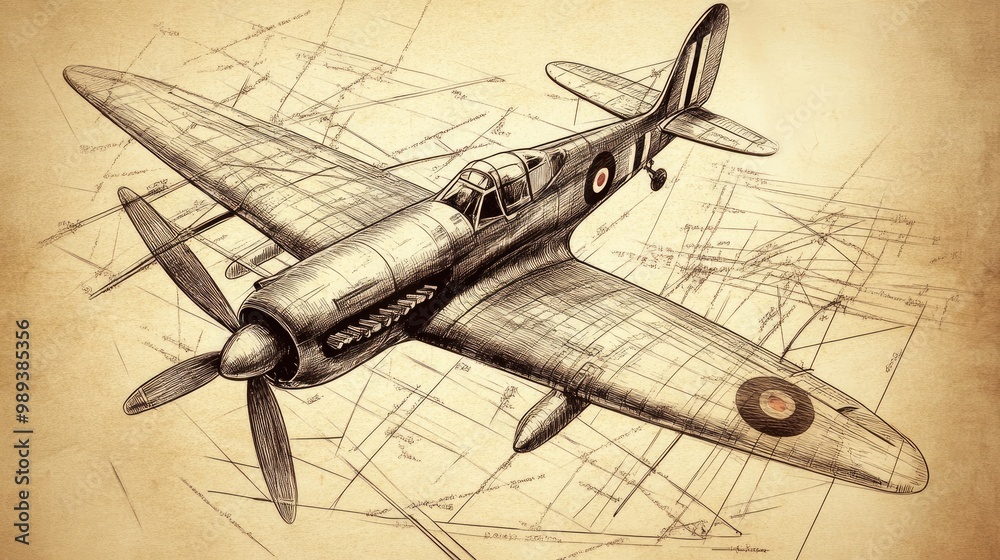 Schematic illustration of a Spitfire fighter aircraft in detailed ...