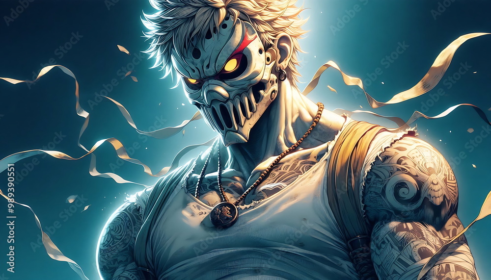 Powerful Anime Character Wearing a Ghost Mask with Fire and Thunder ...