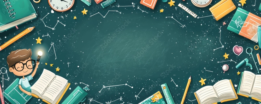 Cartoon illustration of school supplies with a student reading on a ...