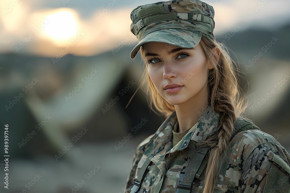 Young soldier in military uniform poses during sunset in the field ...