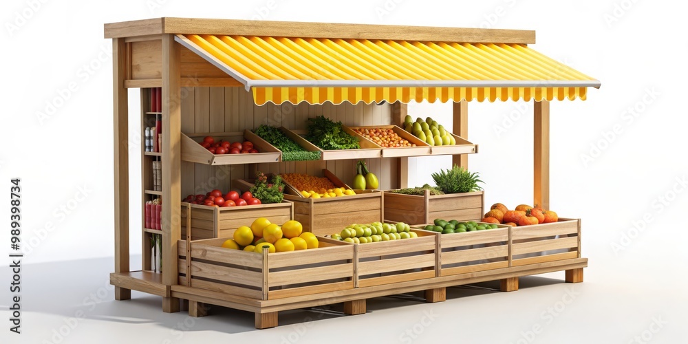 Wooden Fruit Stand with Yellow Awning, 3D Rendering, Farm Fresh ...